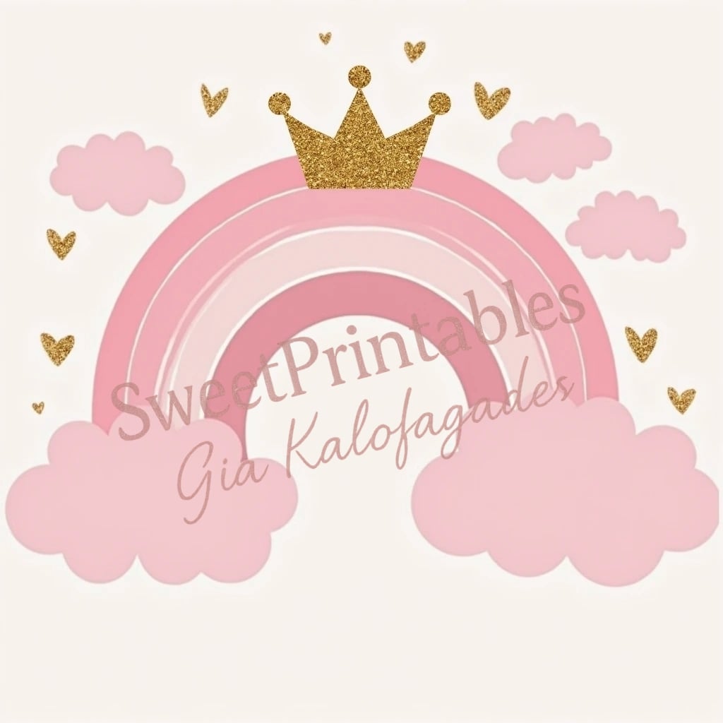 Princess Rainbow with Pink Clouds and Gold Crown