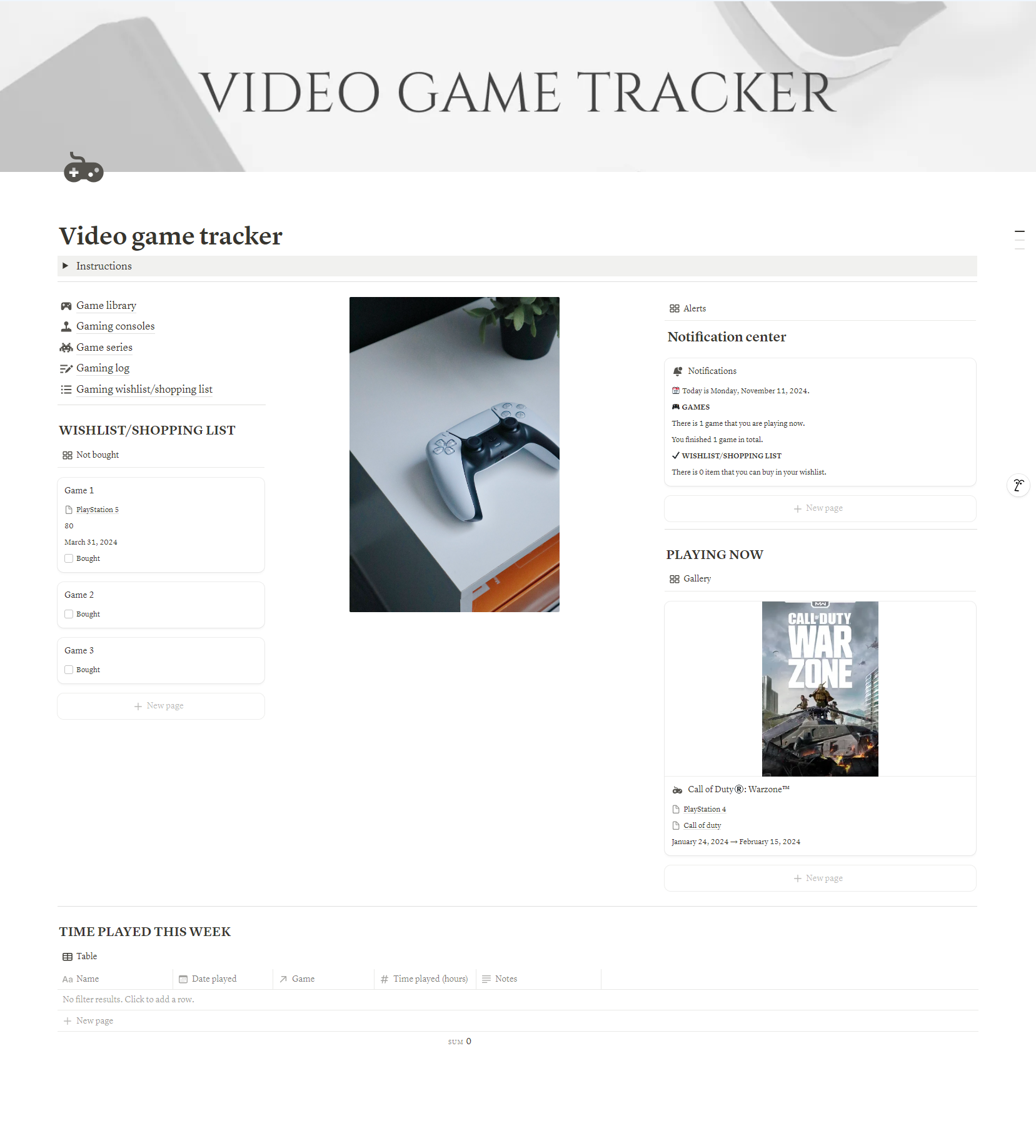 Notion template Video Game Tracker