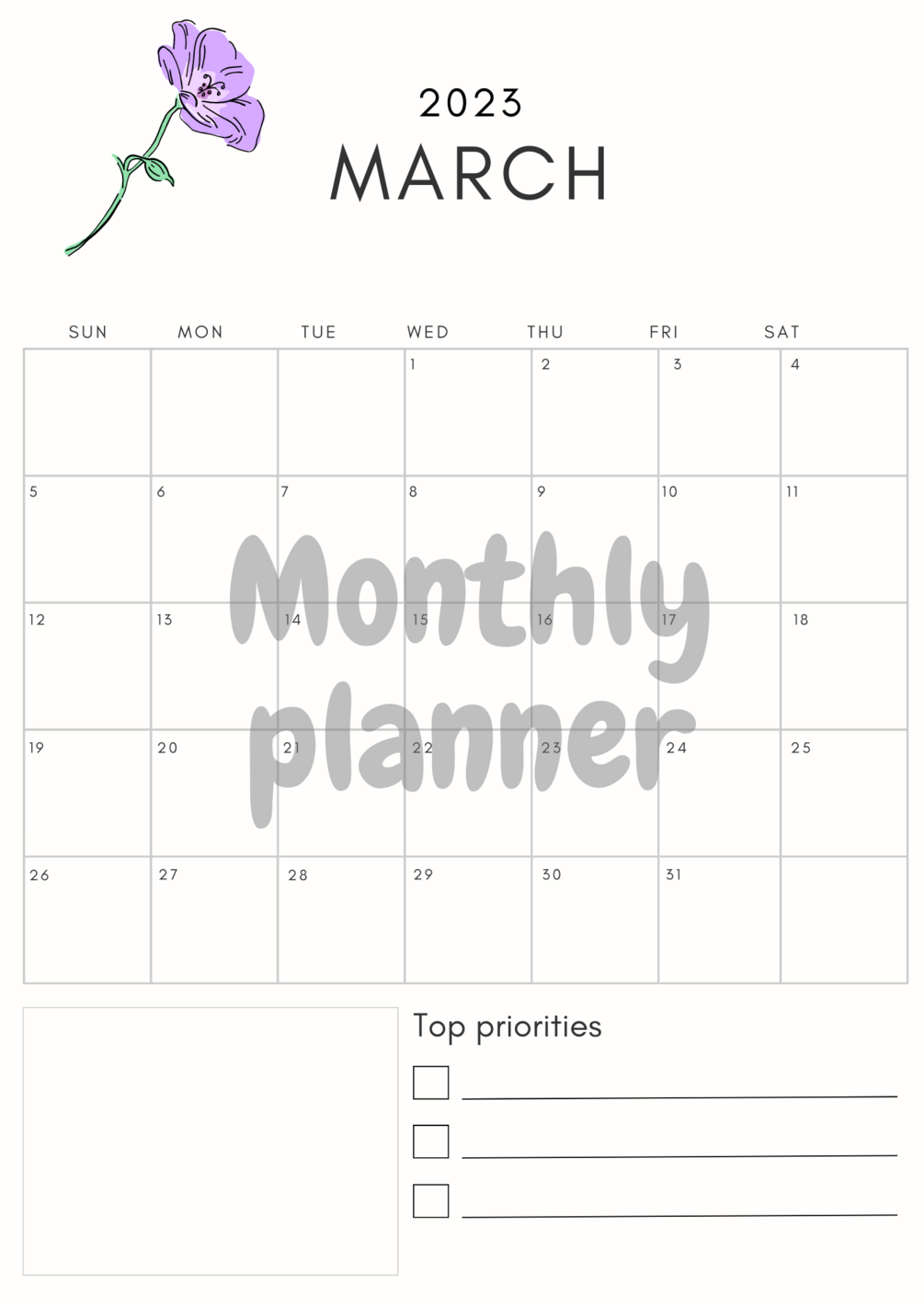 Purple March Monthly Planner 2023