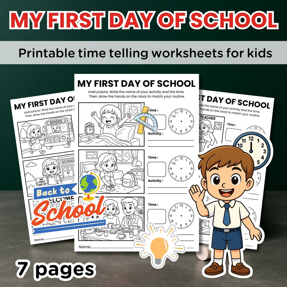 My First Day of School Time Telling Worksheets for Kids, Time Telling ...