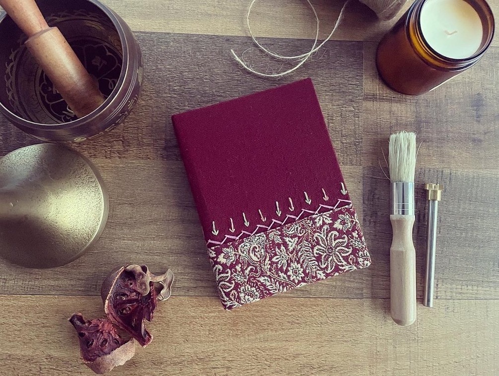 Deep Red Wool Journal with Flower pattern on the border