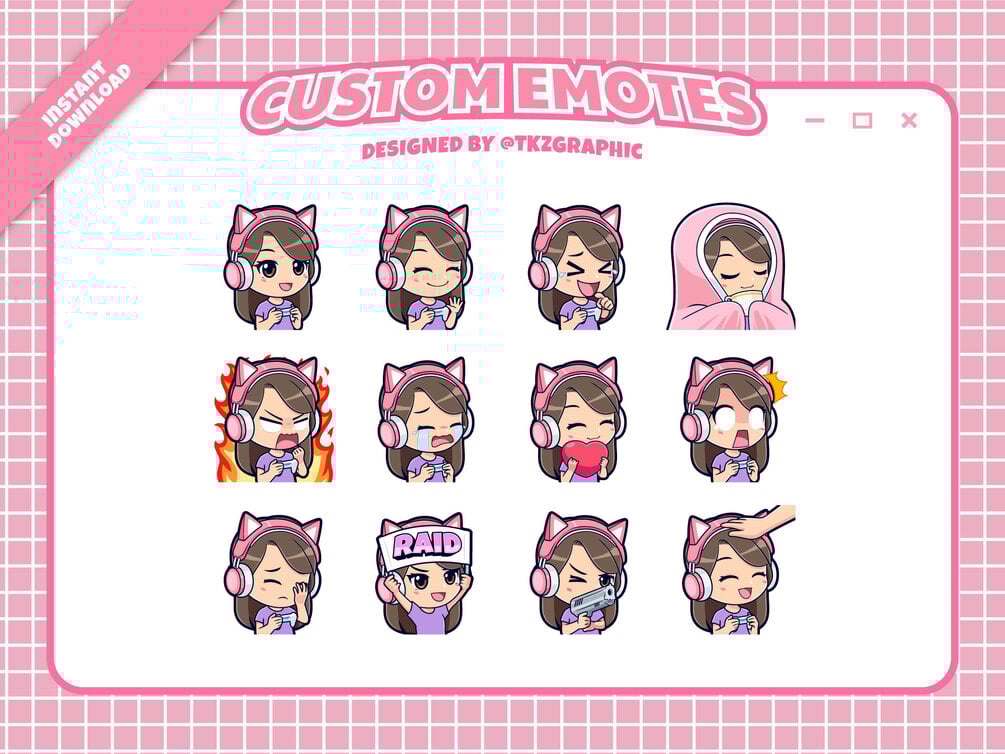 Brown Long Hair Chibi Gamer Girl - Custom Twitch Emotes