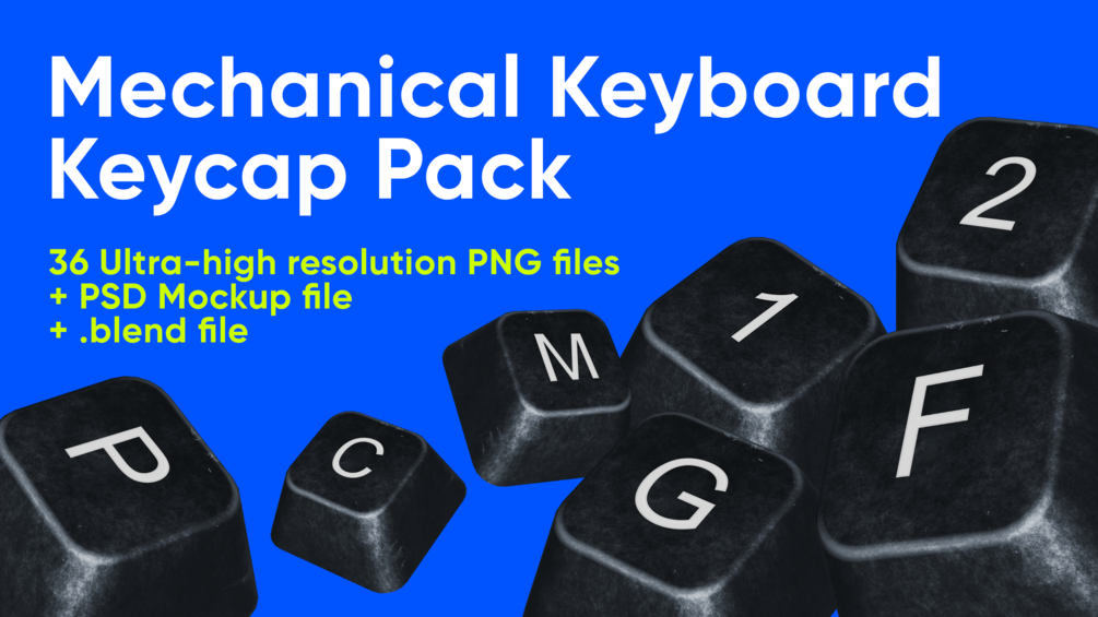 Mechanical Keyboard Keycap Pack — A–Z & 0–9 + Bonus ( PSD Mockup + .Blend file)