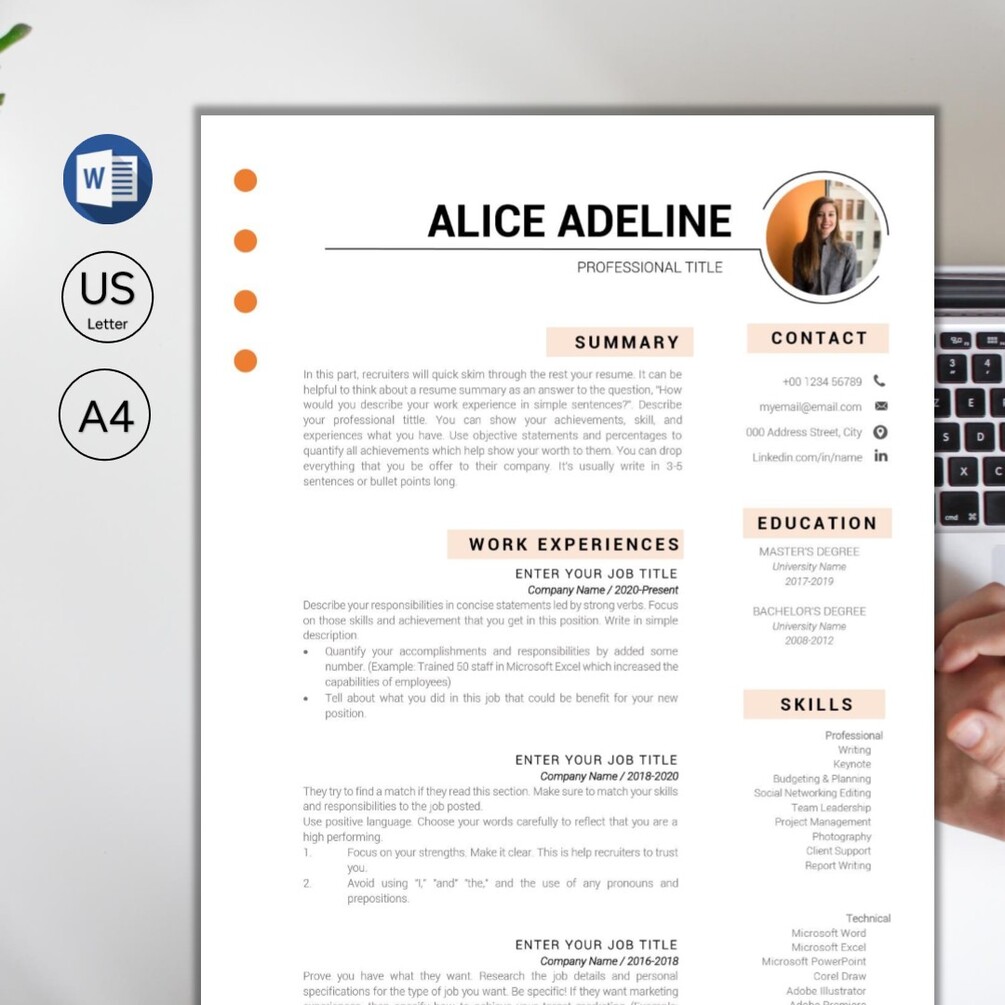 Orange resume template word, cv template, professional resume