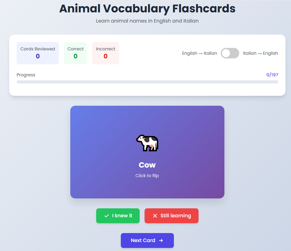 Animal Vocabulary 197 Flashcards Learn animal names in English and Italian