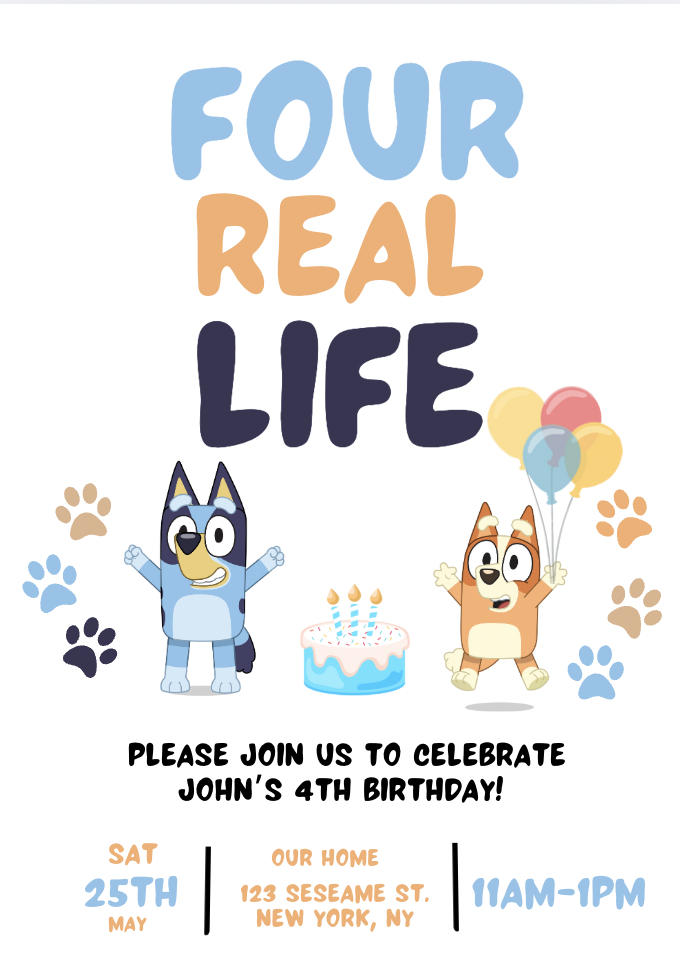 Four Real Life Bluey Birthday Invitation Download