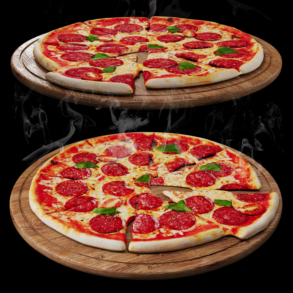 Pepperoni pizza on board with steam | 4K | PBR