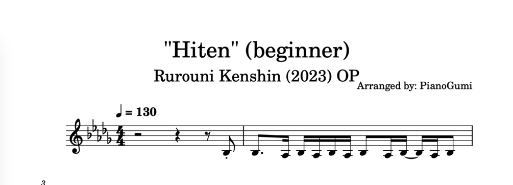 Rurouni Kenshin (2023) OP - "Hiten" - BEGINNER Piano Sheet Music