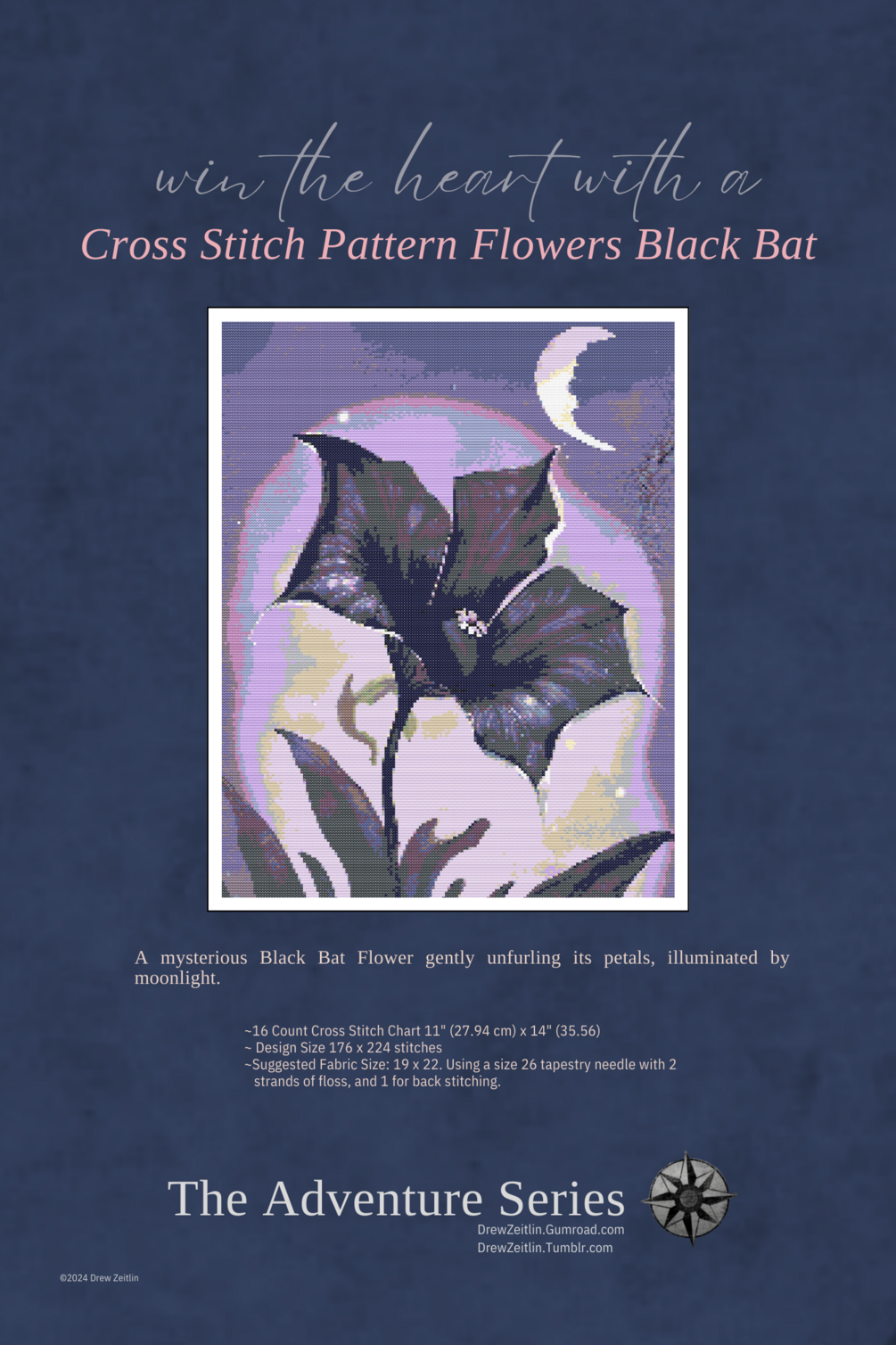 Cross Stitch Pattern Flowers Black Bat