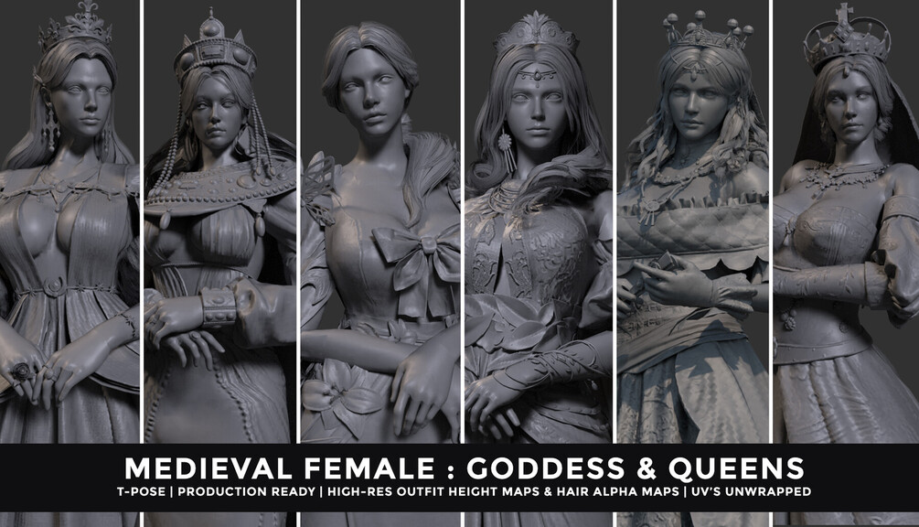 Female Character Concepts | 6 Medieval Queens | T-Pose | UV's Unwrapped ...