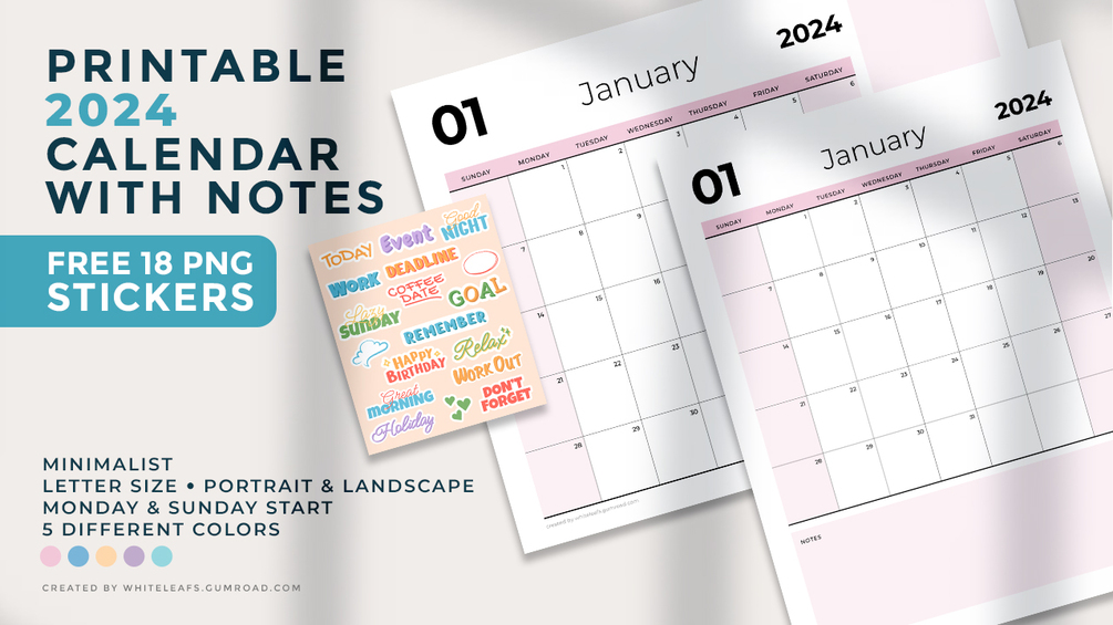Printable 2024 Calendar with notes - FREE 18 PNG Stickers (Letter Size)