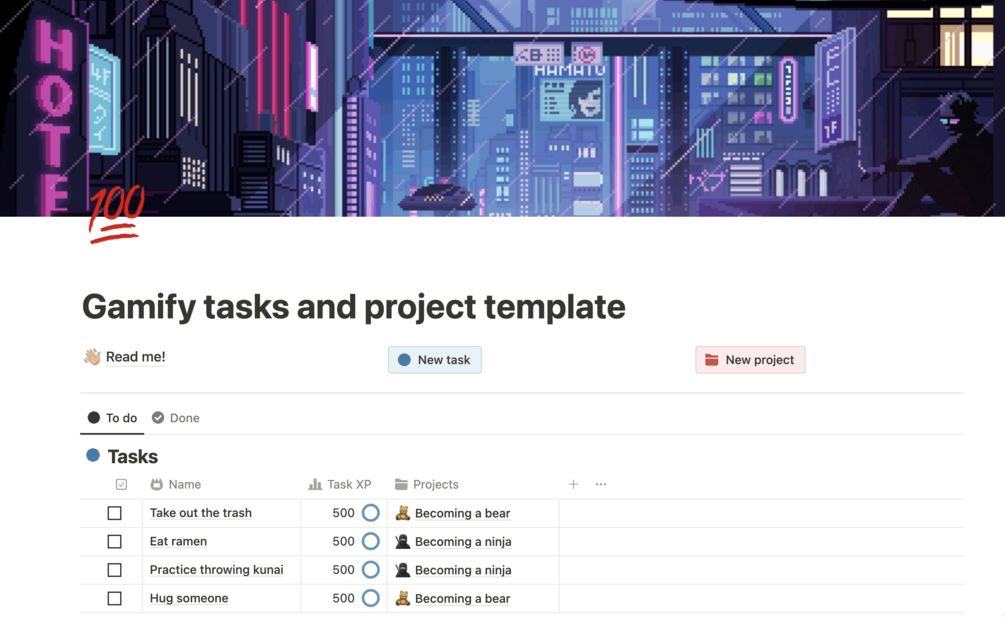 Free Notion gamify - tasks and projects