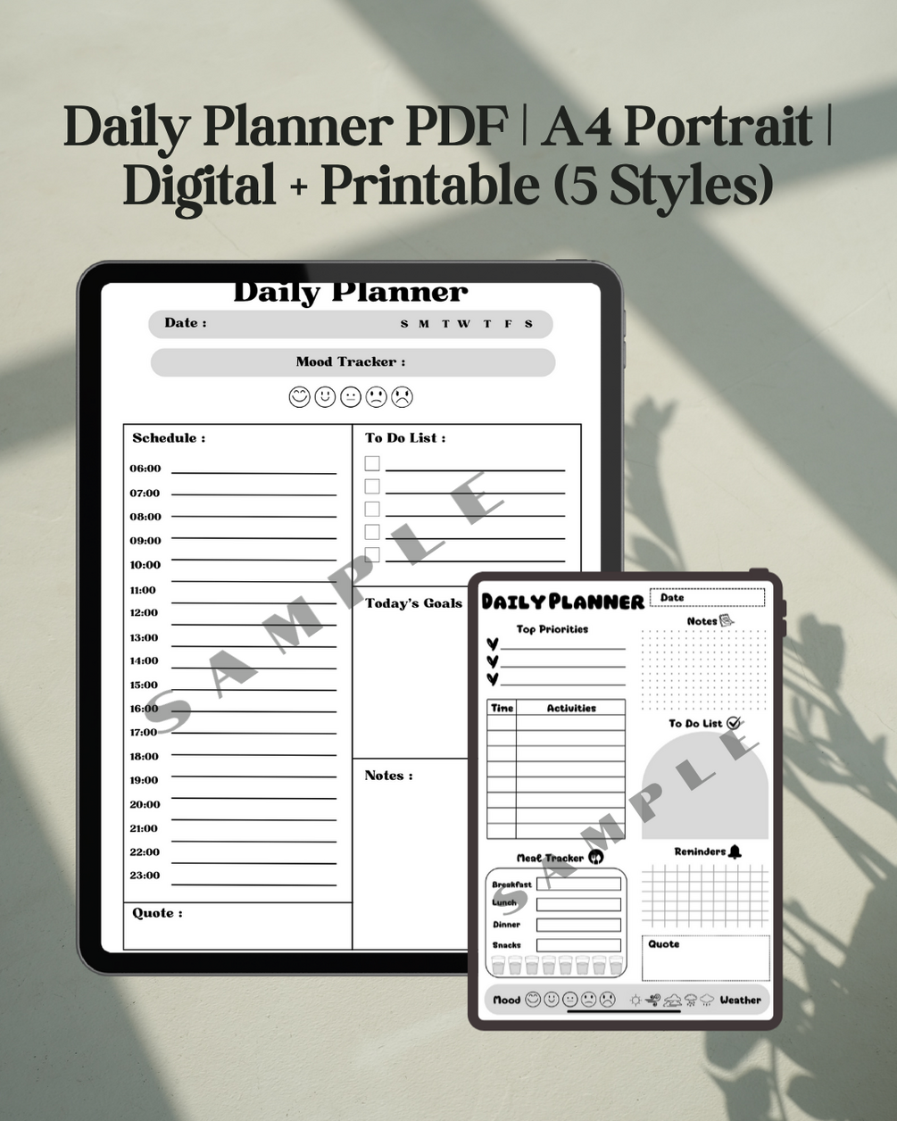 Daily Planner PDF | A4 Portrait | Digital + Printable (5 Styles)