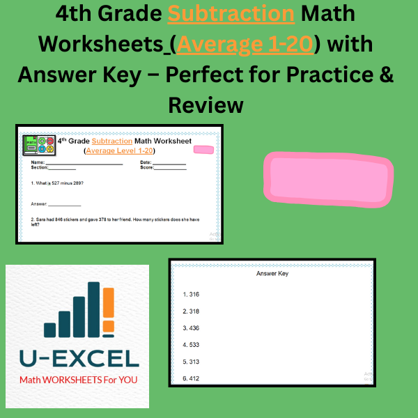 4th Grade Subtraction Math Worksheets Easy, Average & Hard Level with ...
