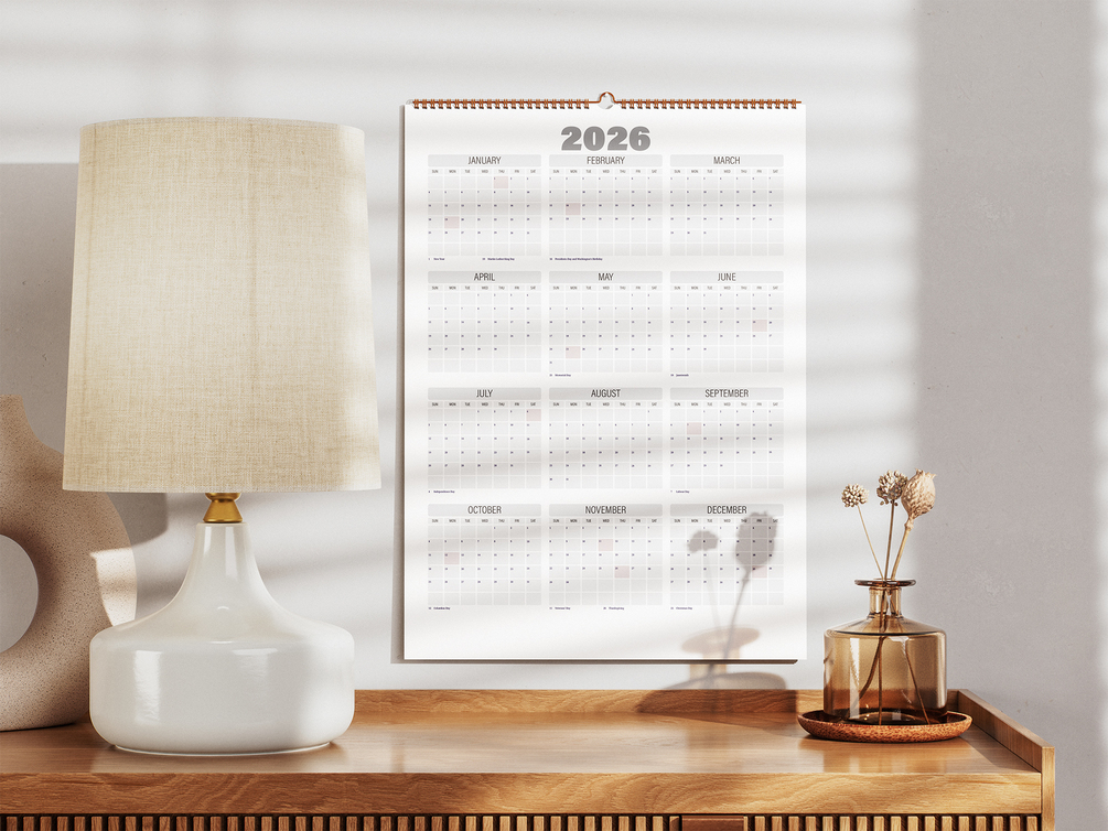 2026 Year-at-a-Glance Wall Calendar (Free Printable) | US Holidays | A1 ...