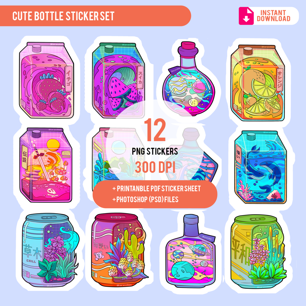 12 Cute and Unique Aesthetic Bottles Digital Sticker Set