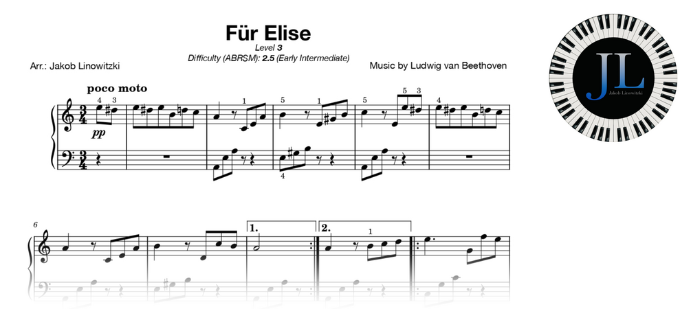 FÜR ELISE (L. v. Beethoven) - Level 3/5 (Grade 2.5, Early Intermediate)