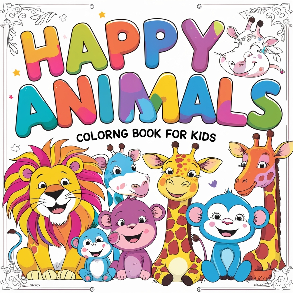 Happy Animals: 50 Fun Coloring Book With Dogs, Cats, Horses, Monkeys ...