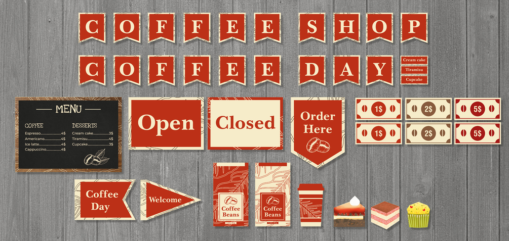 Coffee Shop print & fold Pretend Play, Dramatic Play Set, DIY kit cafe ...