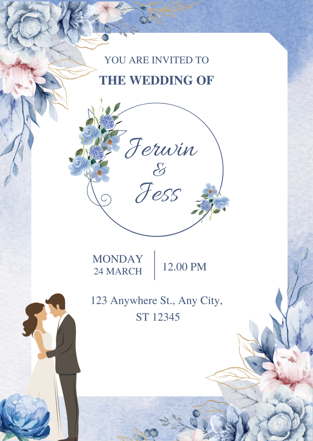 Wedding Invitation - Soft Blue and White Floral Illustrative
