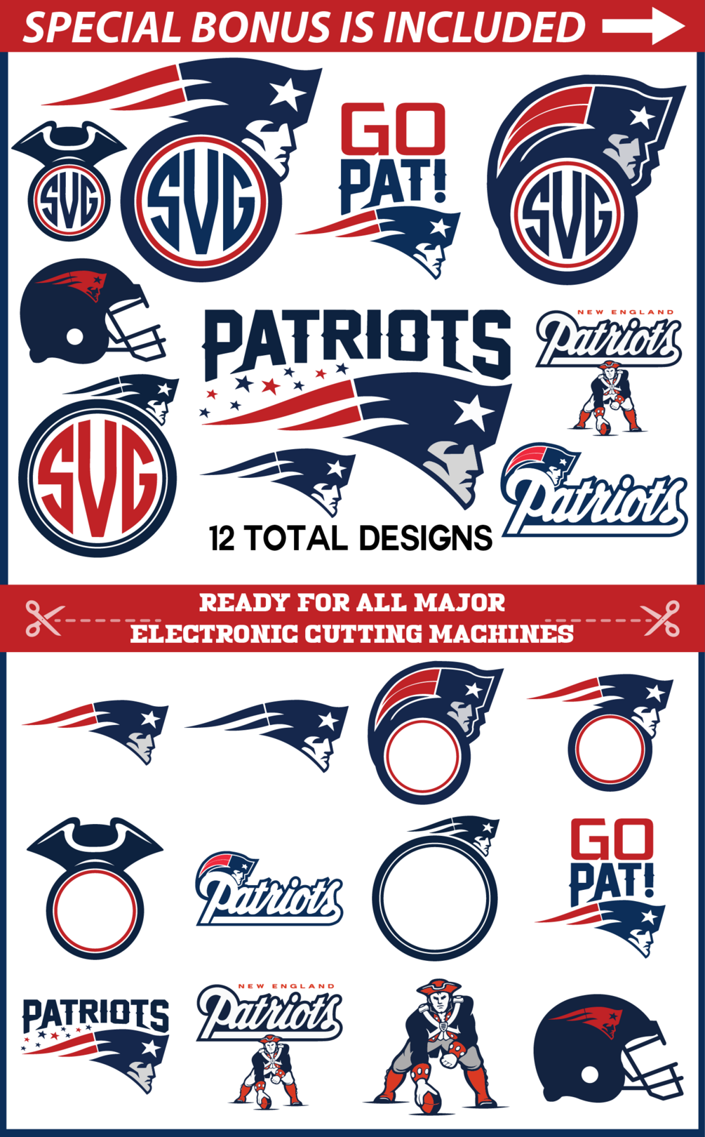 New England Patriots Monogram Cut Files | 12 Designs