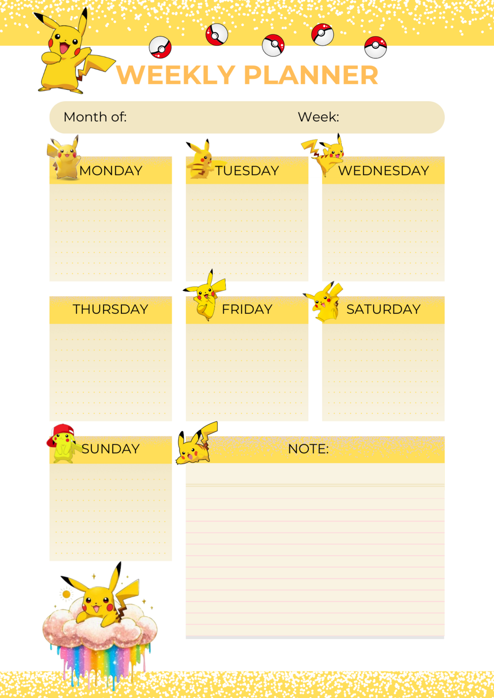 Pikachu Weekly Planner – Cute Printable PDF for Kids, Students & Fans