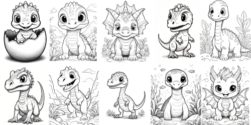 10 x Super Cute DRAGONS & DINOSAURS Colouring Pages - Digital Download
