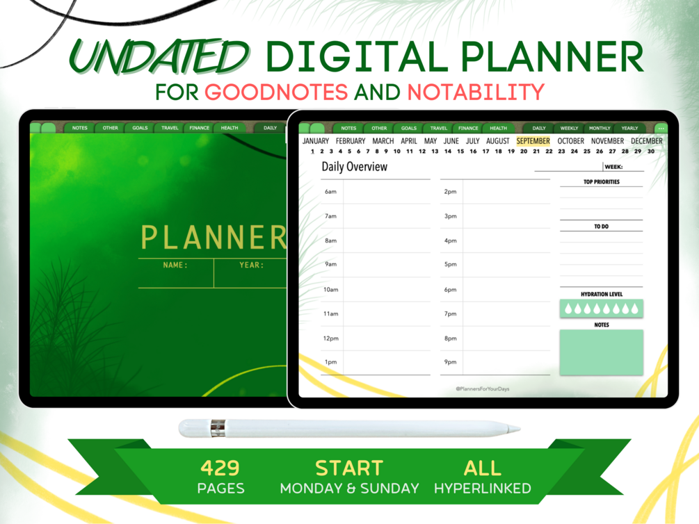 Undated Digital Planner | For GoodNotes and Notability | Green Light Mode