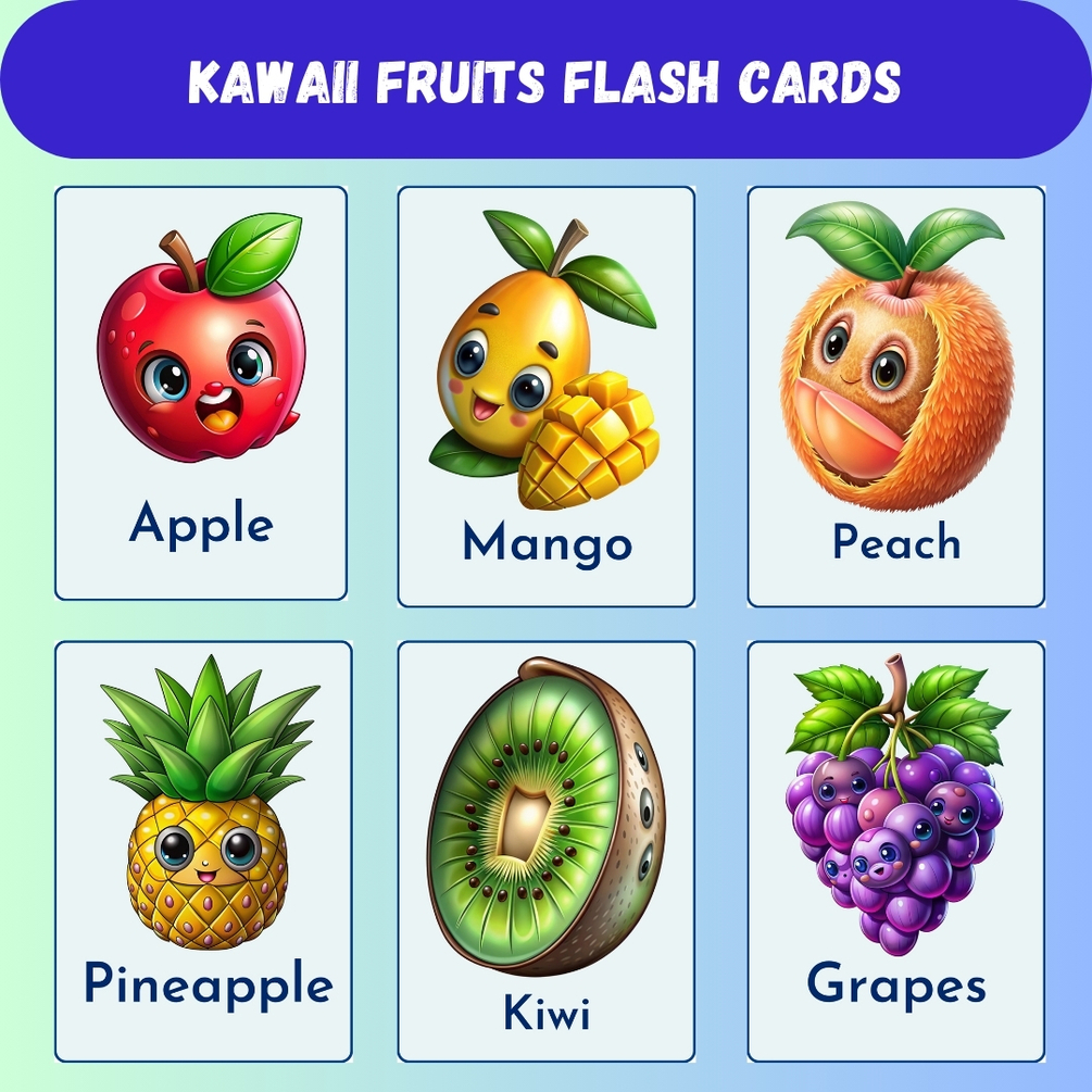 20 Kawaii Fruits Flash Cards | Printable Educational Cards for Kids
