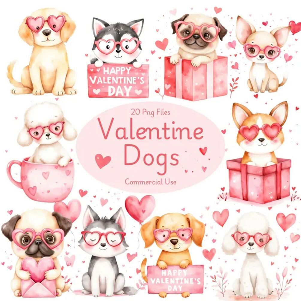 Cute Valentine's Day Clipart - Watercolor - Valentine Dogs - Png - Kids ...