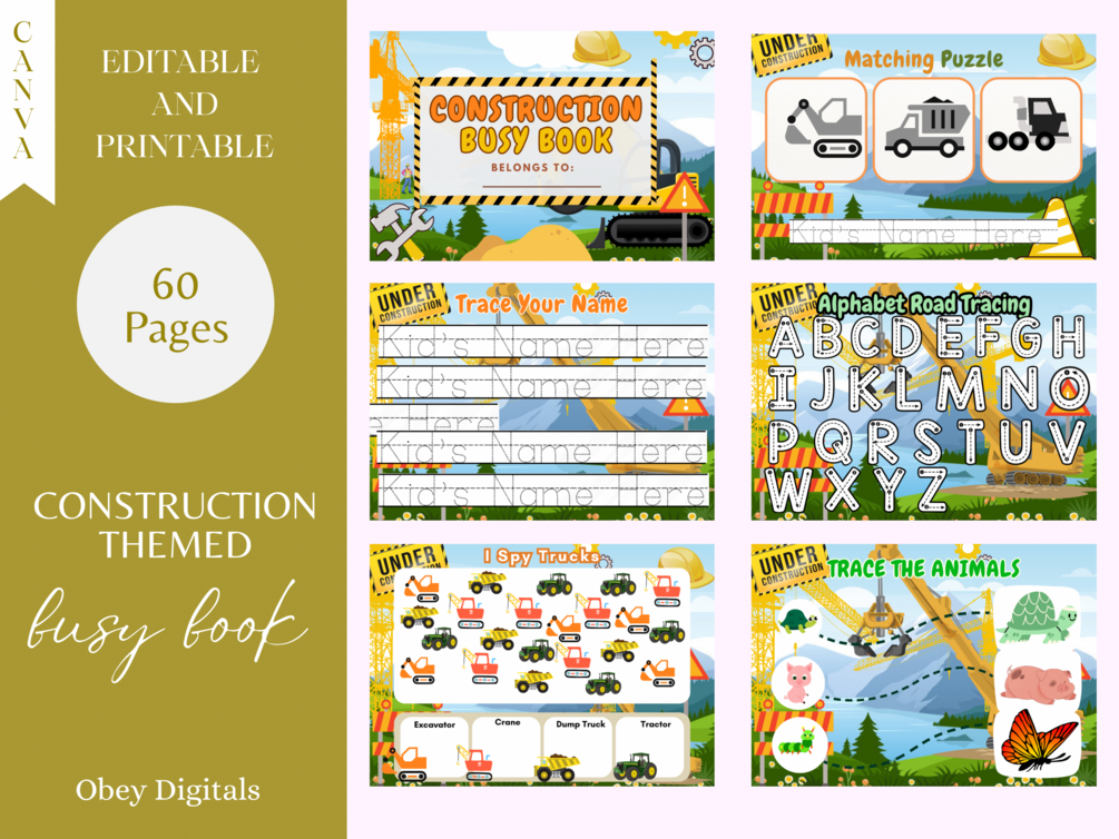 CONSTRUCTION THEME BUSY BOOK | EDITABLE AND PRINTABLE | OBEY DIGITALS