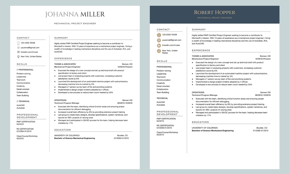 Modern Mechanical Engineer Resume Templates for Google Docs