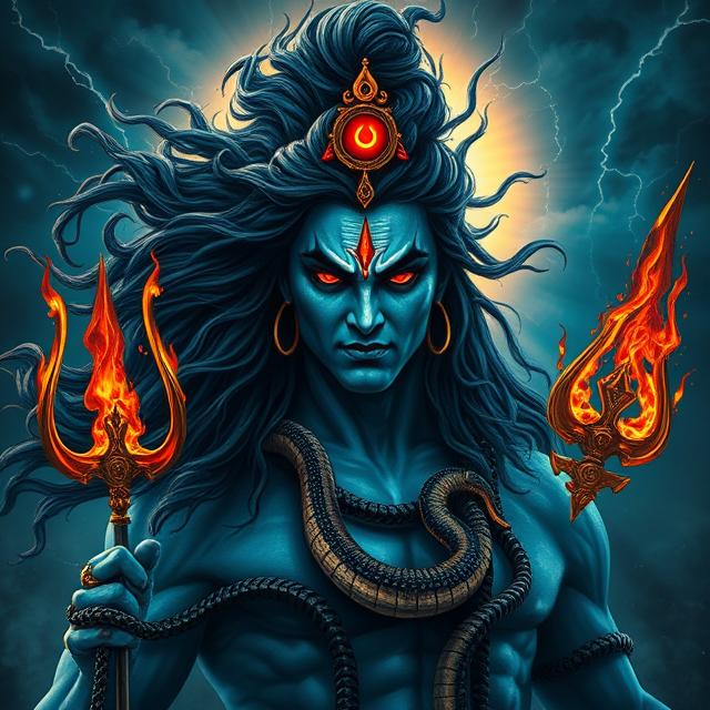 HD digital illustration of Lord Shiva with a fierce, commanding look.