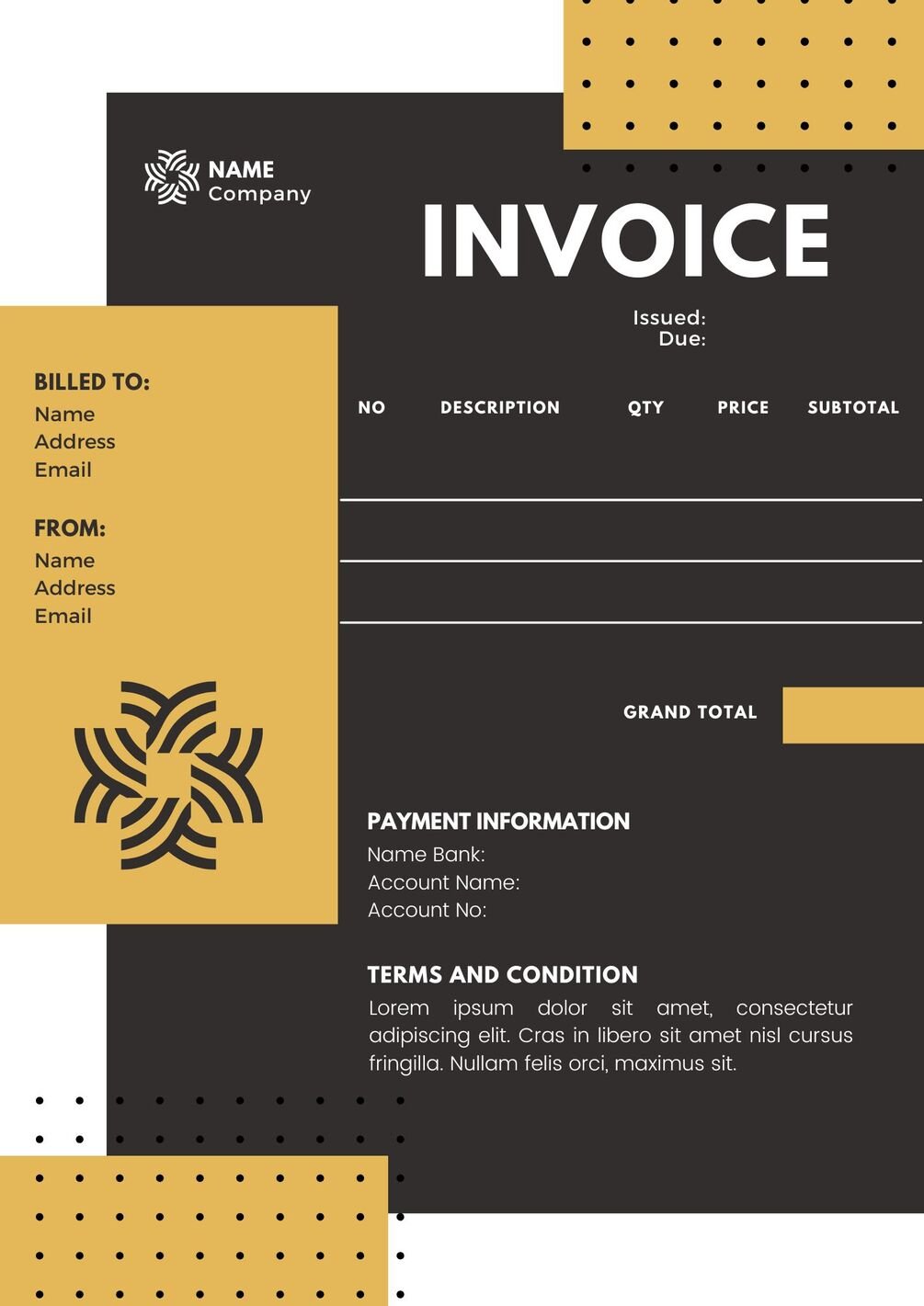 Black White Yellow Minimalist Company Invoice