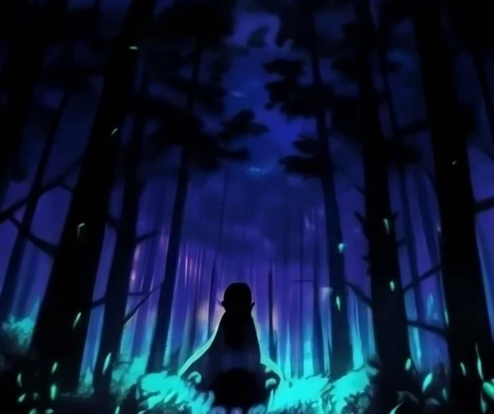 A young anime girl strolls through a tranquil nighttime forest ...