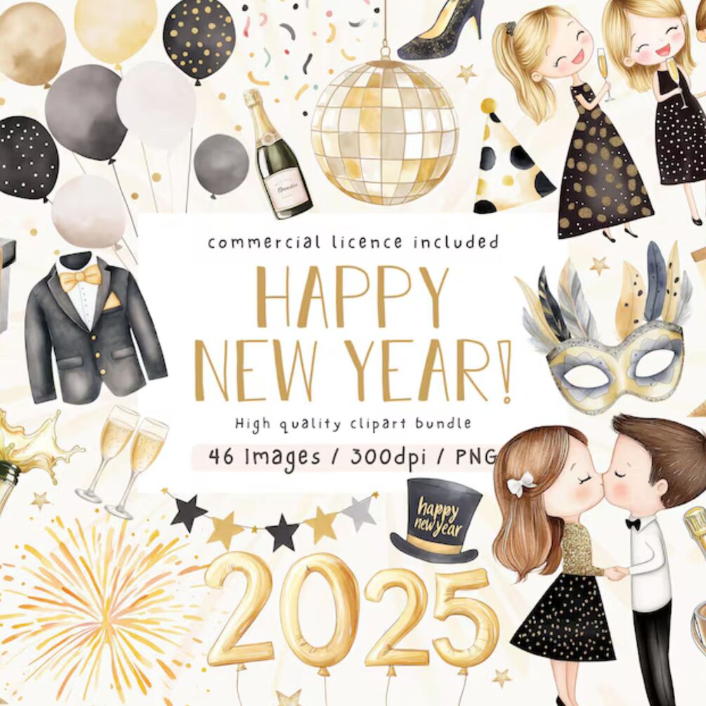 Cute New Years Eve Clipart, Watercolour New Year Clipart , Happy New ...