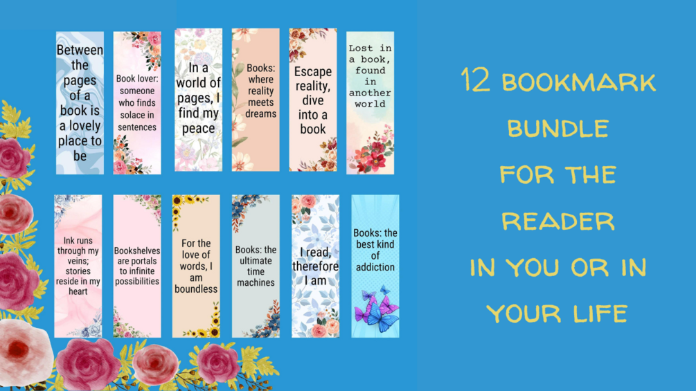 12 Floral Bookmark Bundle, Printable bookmark, Bookmark quotes, DIY ...