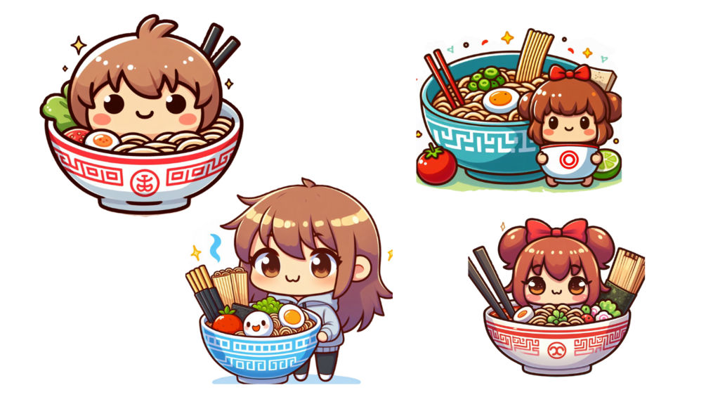 Adorable chibi stickers of ramen bowl