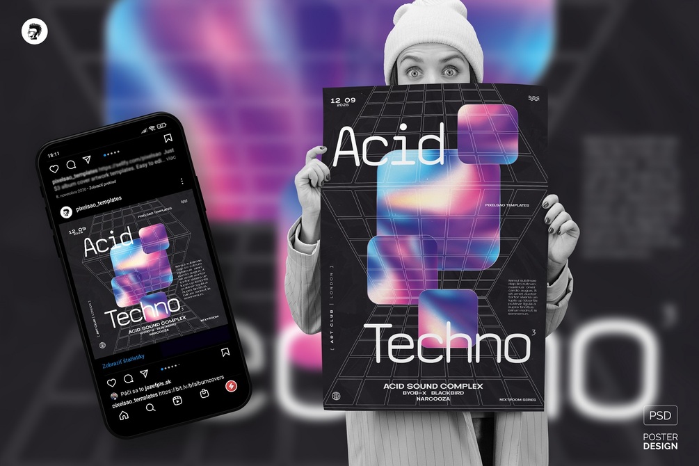 Acid Techno Party Flyer, Poster Template