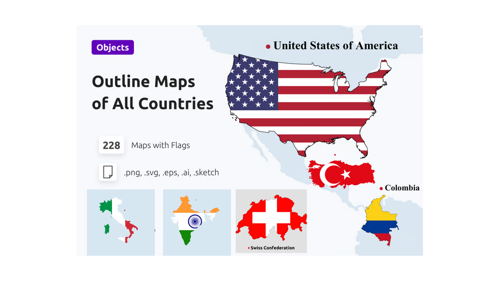Outline maps with national flags of all countries