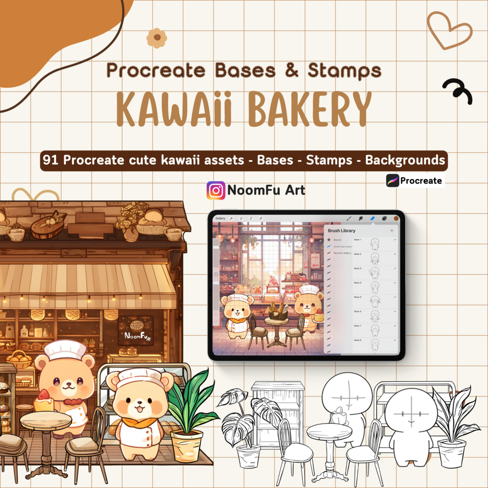 87 Kawaii Bakery Procreate Stamps – Cute Doodles, Chibi Poses, Animal ...