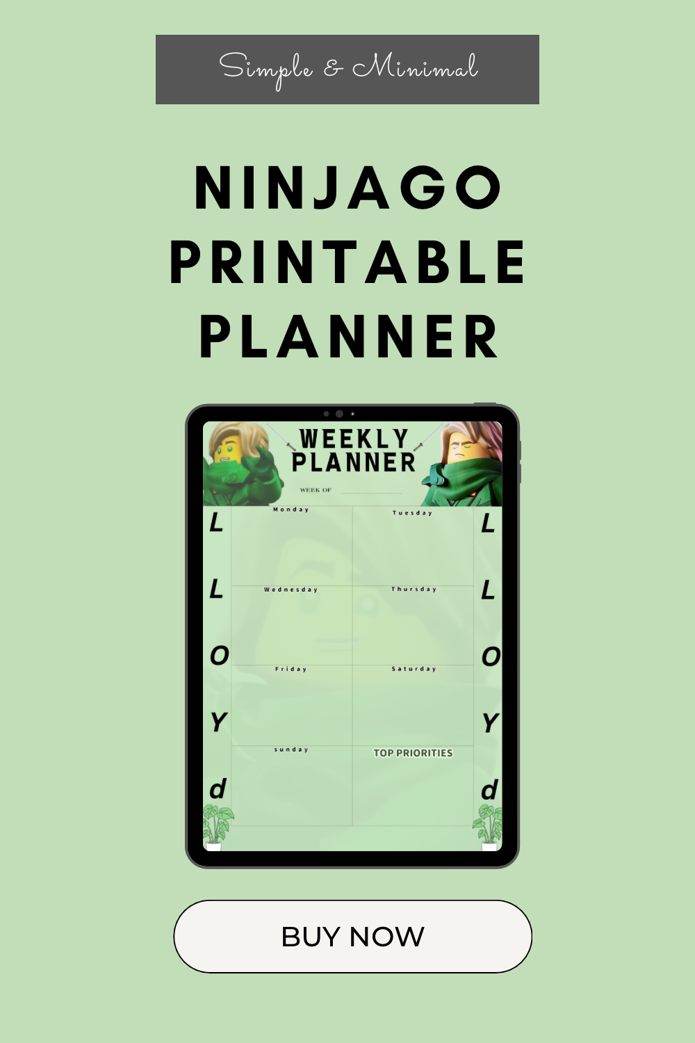 Weekly planner Ninjago Llyod themed || printable☾⋆⁺₊🎧