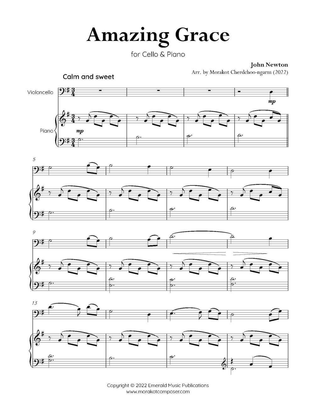 AMAZING GRACE for Cello & Piano (Score & Part)