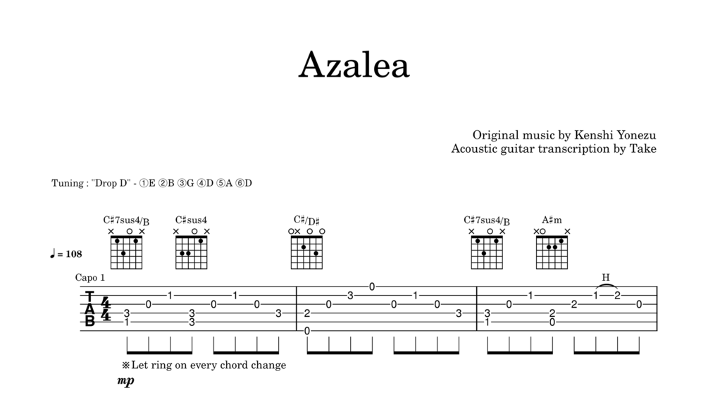 [Acoustic Guitar TAB] Kenshi Yonezu - Azalea