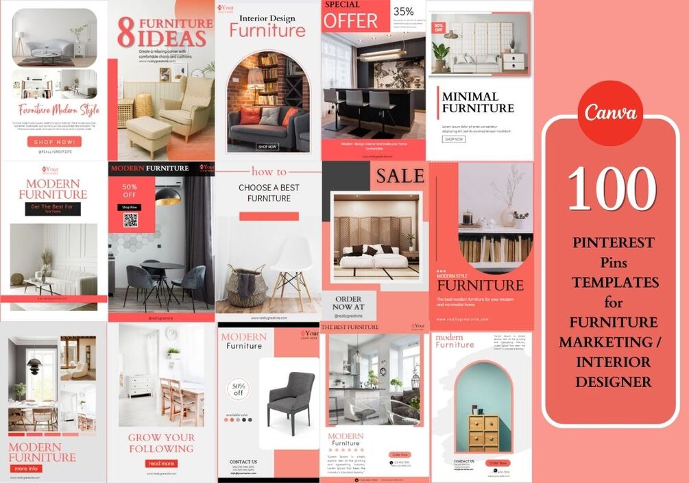 100 Pinterest Templates, Modern Furniture, Canva Pinterest Pin Template ...