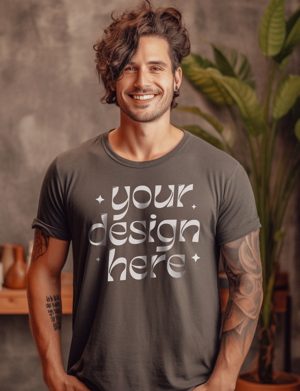 3001 Bella Canvas Mockup Men, Bella Heather Brown, Male Tatooed Mockup ...