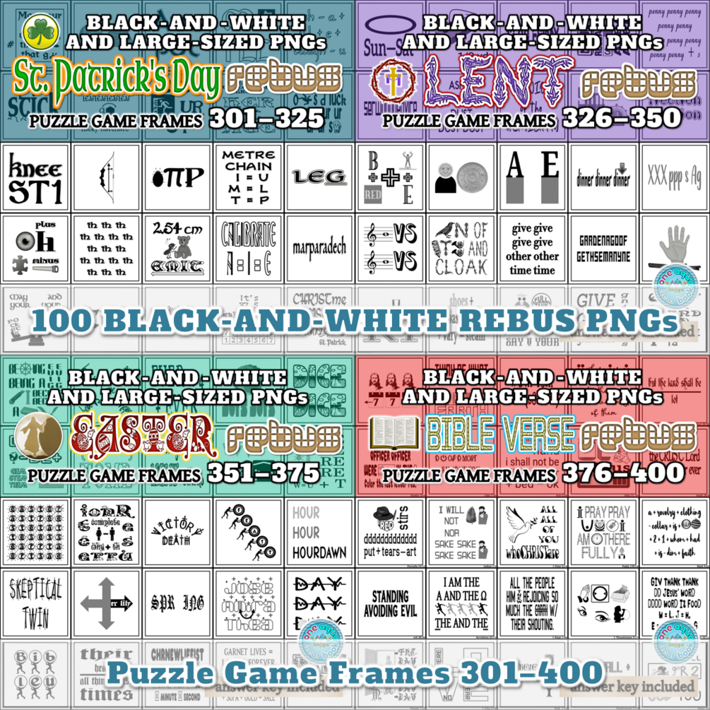 Black-and-White Rebus Puzzle Game Frames 301–400 PNGs