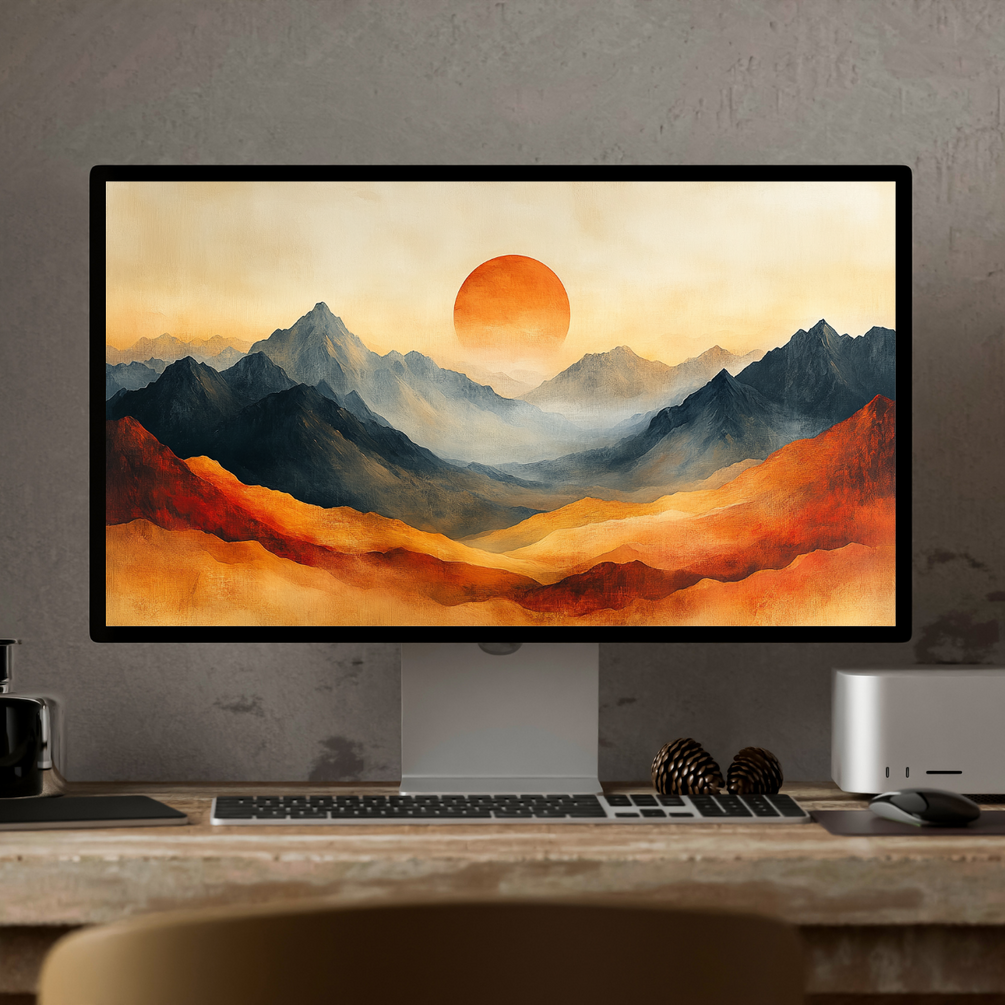 Fiery Dusk - Desert Sunset Mountain Desktop Wallpaper