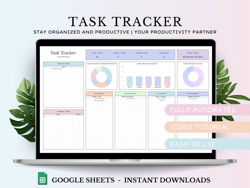 Task Tracker Spreadsheet Template for Google Sheets - Productivity Planner