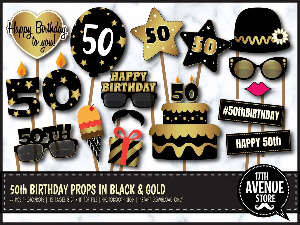 50th Birthday Props in Black and Gold